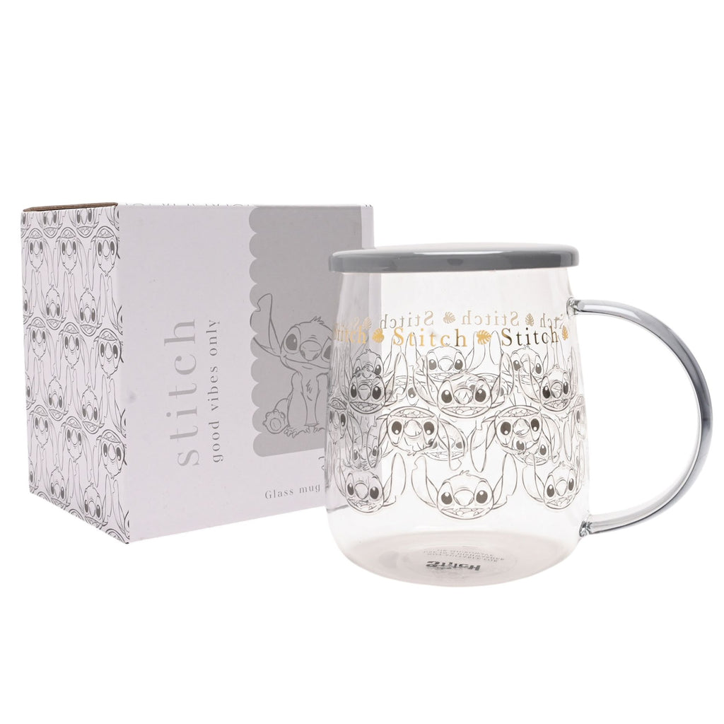 Disney Classic Collectable Stitch Glass Mug with Grey Lid in Gift Box