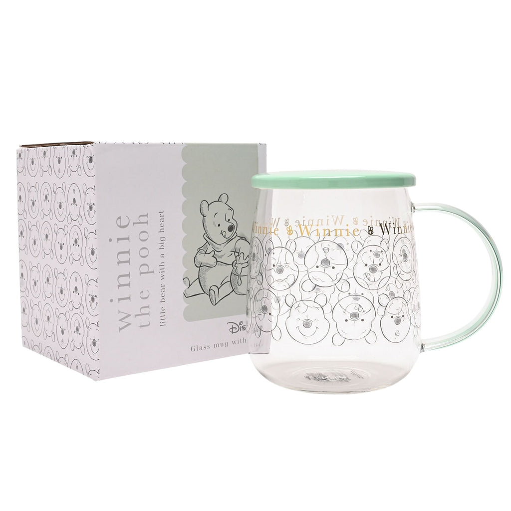Disney Classic Collectable Winnie the Pooh Glass Mug with Green Lid in