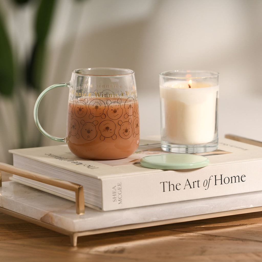 Disney Classic Collectable Winnie the Pooh Glass Mug with Green Lid in