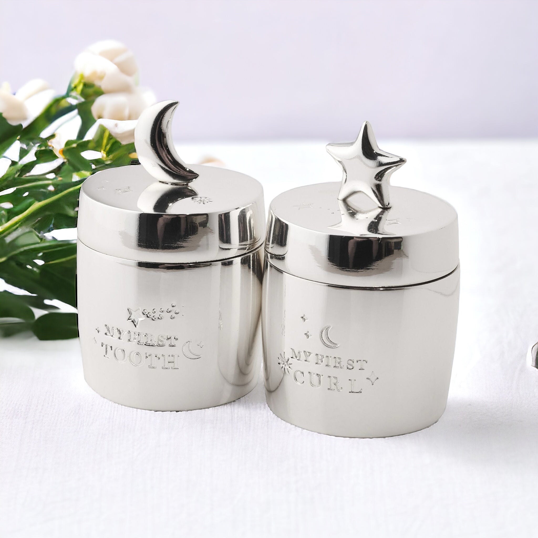 Bambino Silver Plated Barrel Shaped Star & Moon Tooth & Curl Set with
