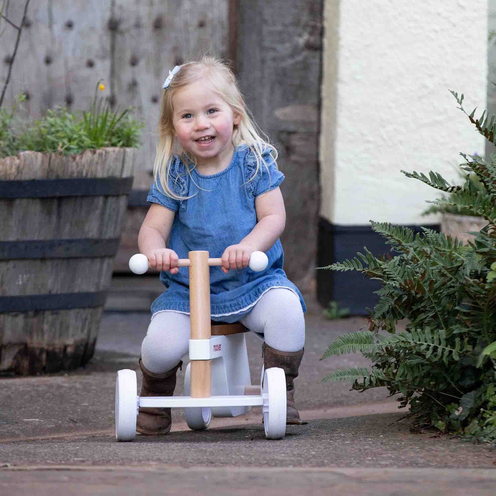 Moover White 4-Wheel Wooden Balance Bike