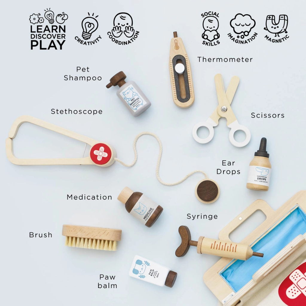Vintage Style Walnut Finish Wooden Vet Set – 10 Piece Animal Care Kit